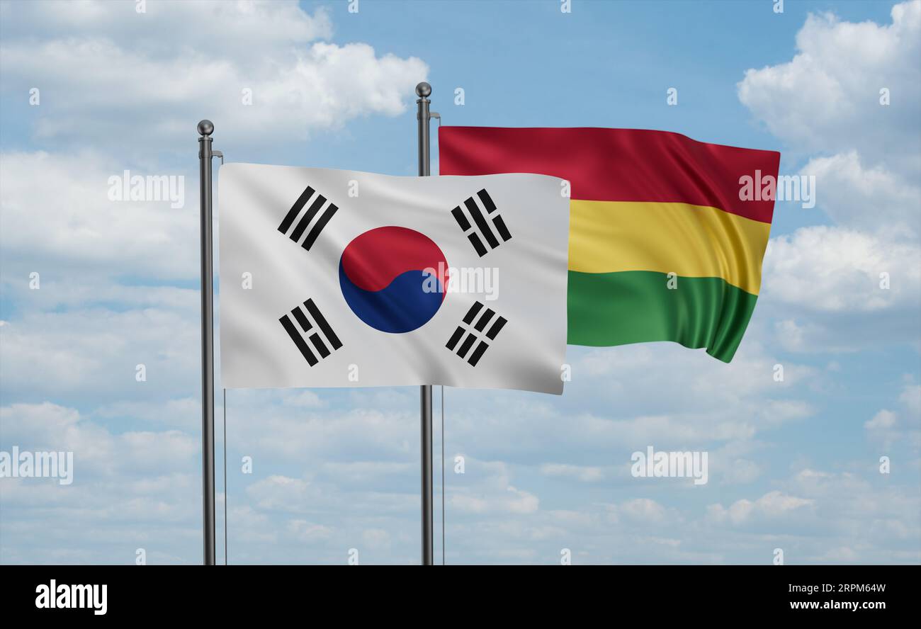 Bolivia flag and South Korea flag waving together on blue sky, two ...