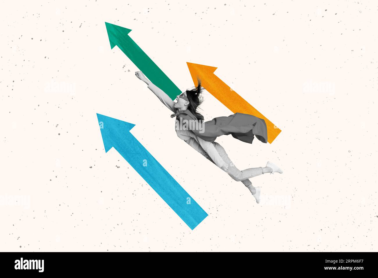 Creative collage picture of excietd black white colors supergirl raise ...