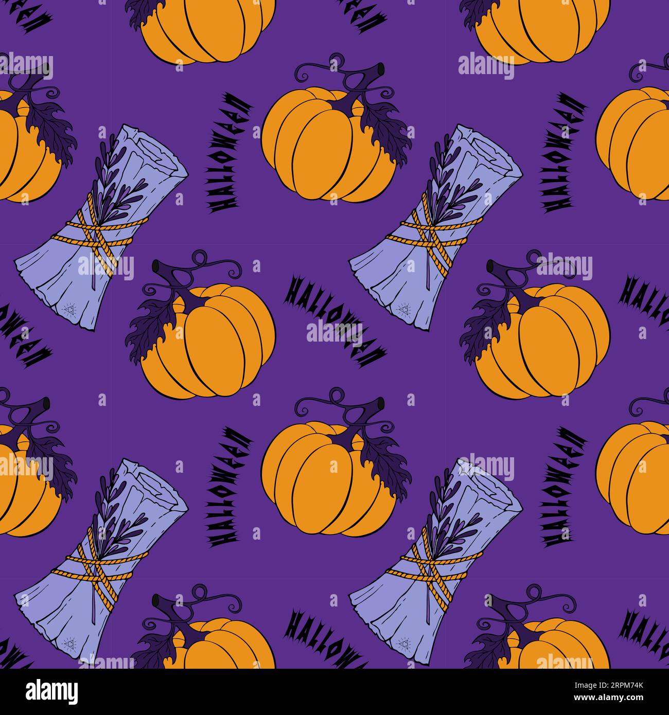 Halloween pattern with orange pumpkin and magic blue scroll hand drawn ...