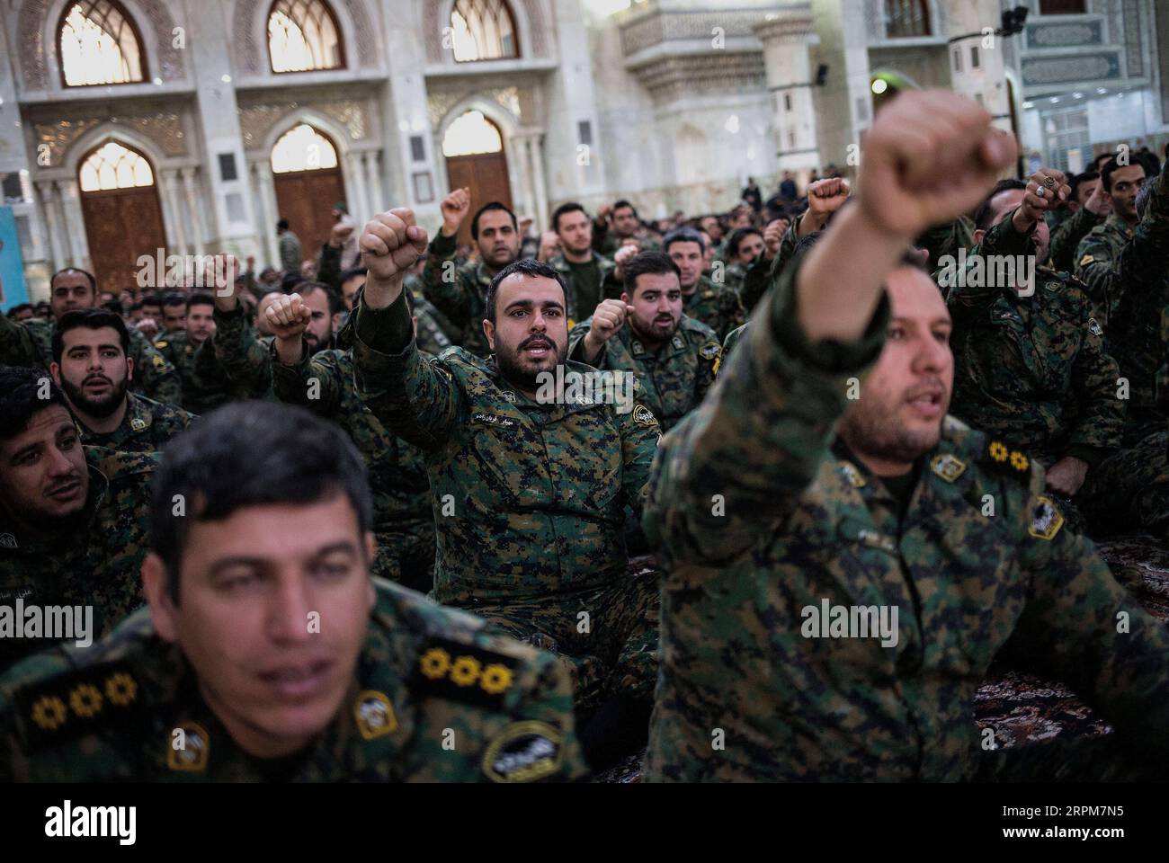 200201 -- TEHRAN, Feb. 1, 2020 -- Soldiers shout slogans during a ...