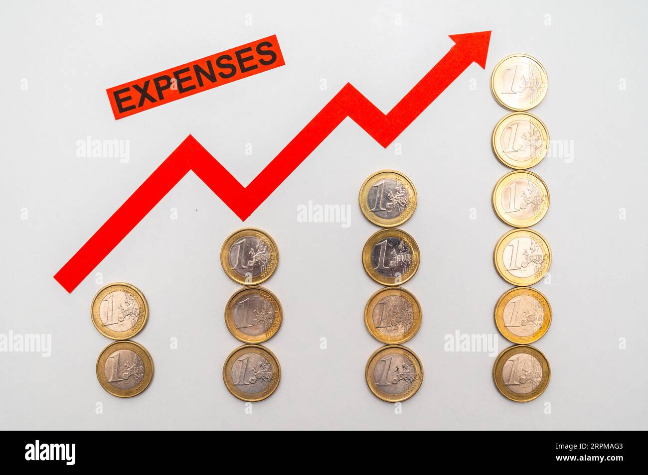 Rows of coins of increasing height, word Expenses, and red line ...