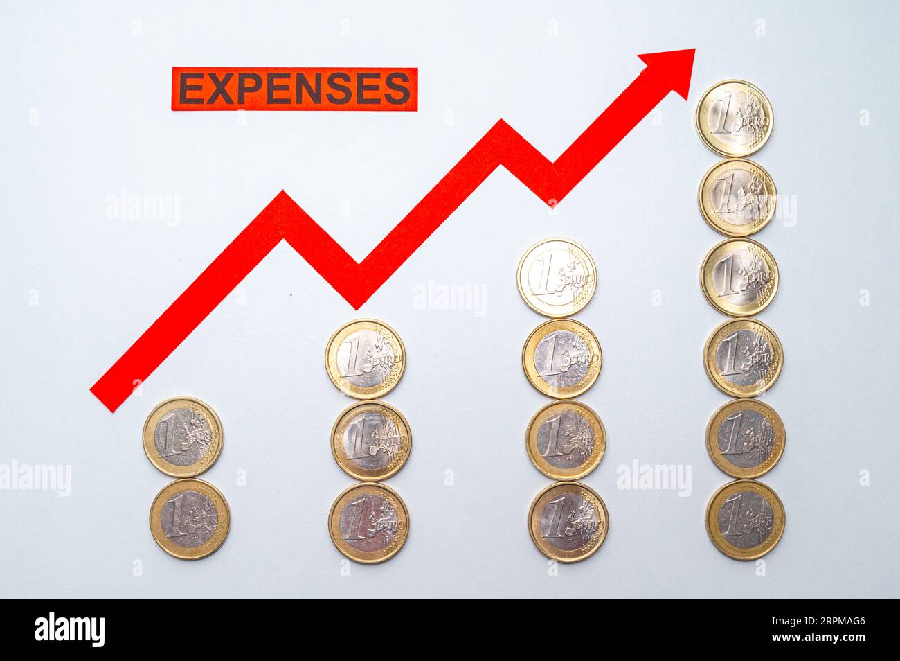 Rows of coins of increasing height, word Expenses, and red line ...