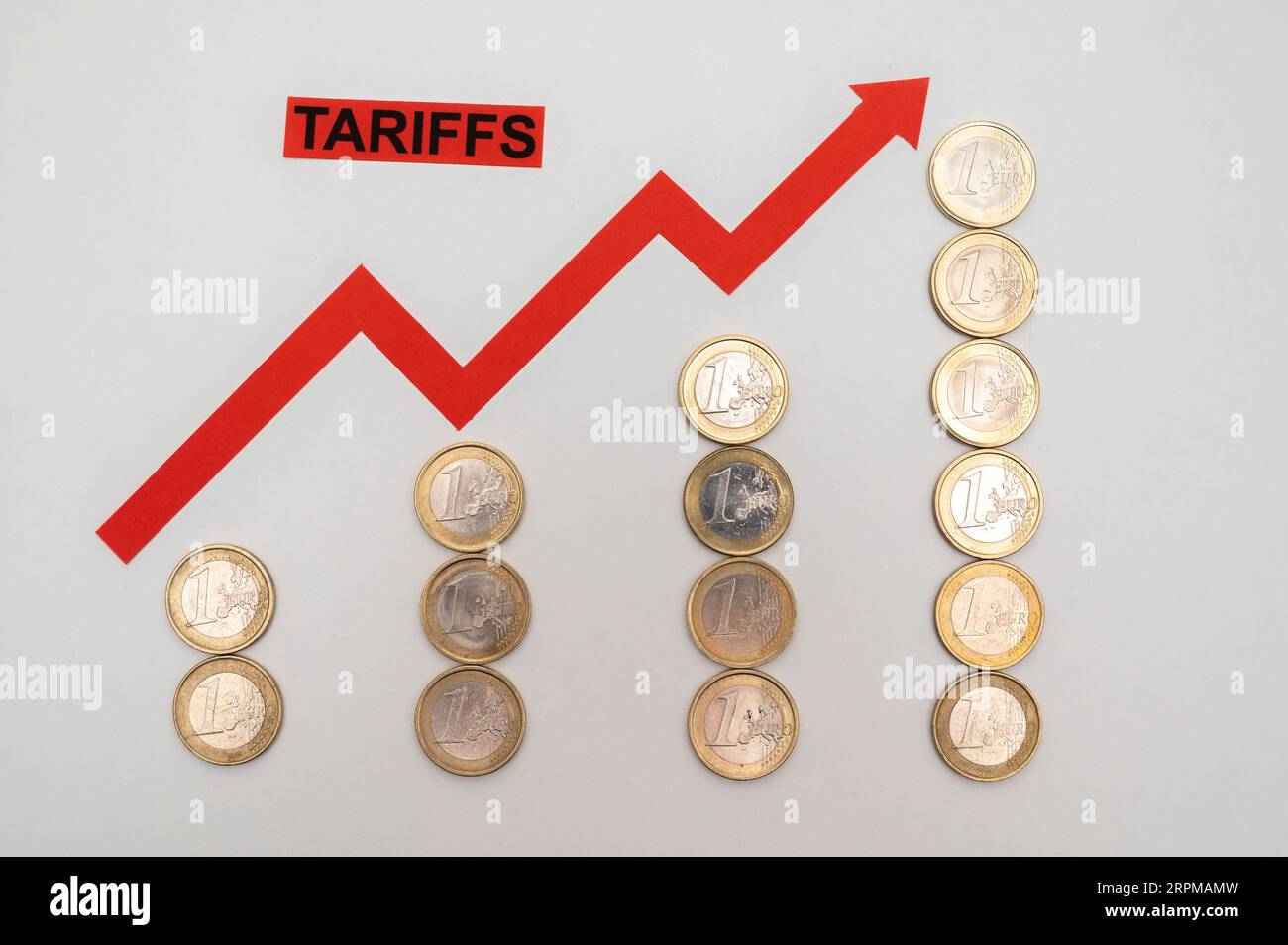 Rows of coins of increasing height, word Tariffs, and red line pointing ...