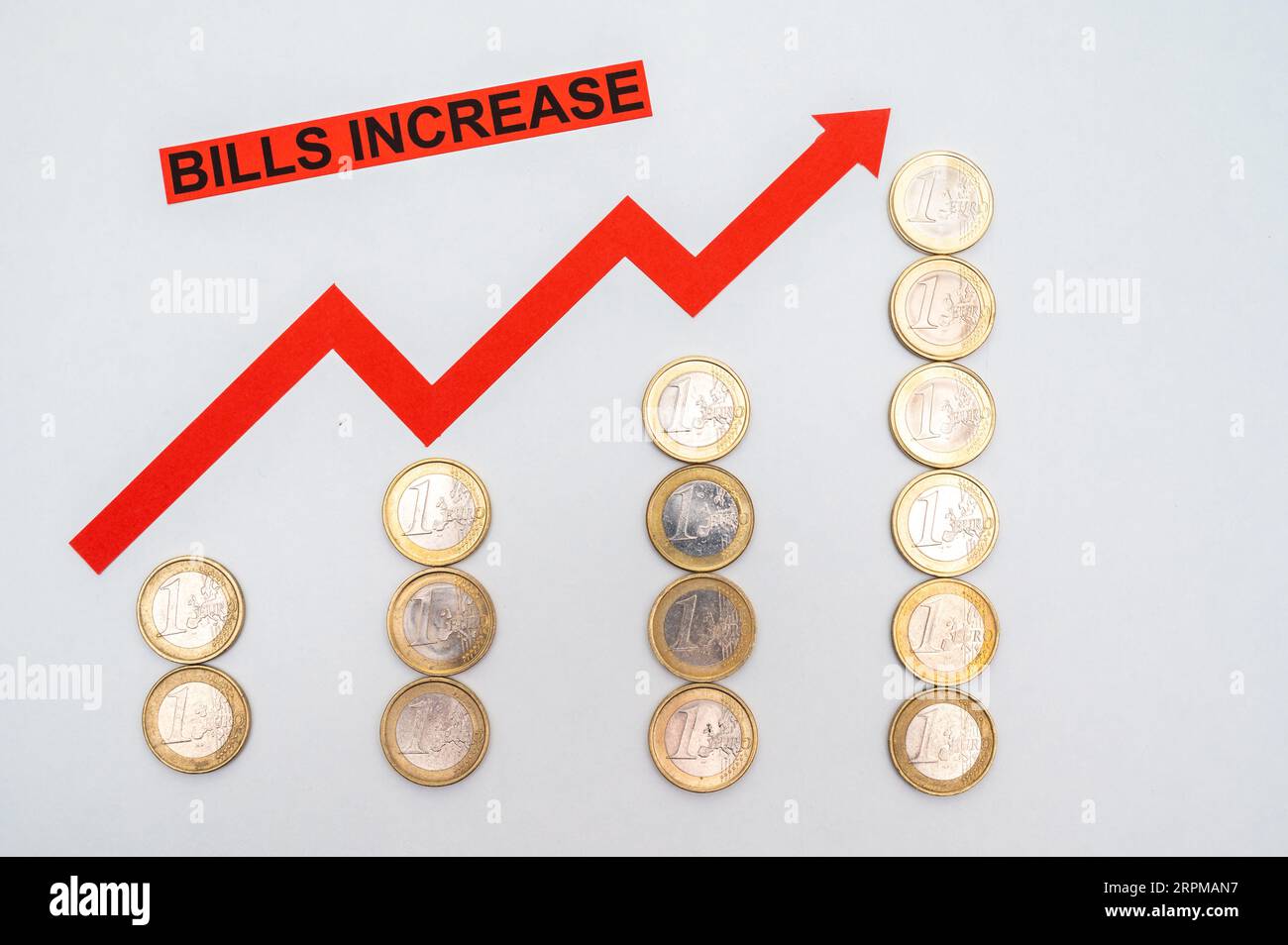 Rows of coins of increasing height, word Tariffs increases, and red ...