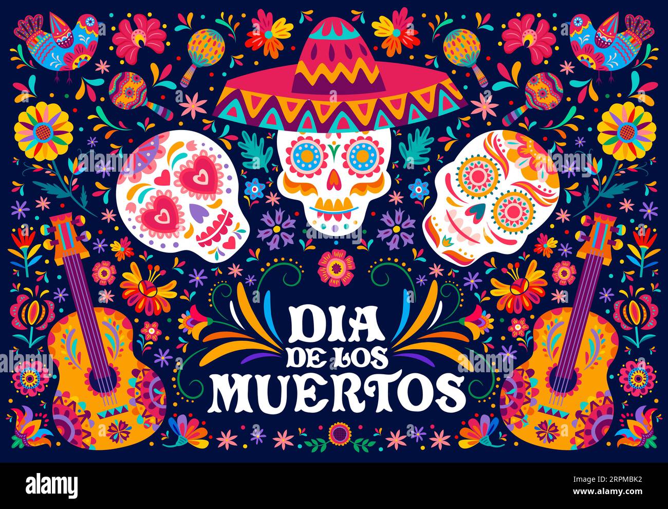 Dia De Los Muertos mexican calavera skulls, guitars and tropical ...