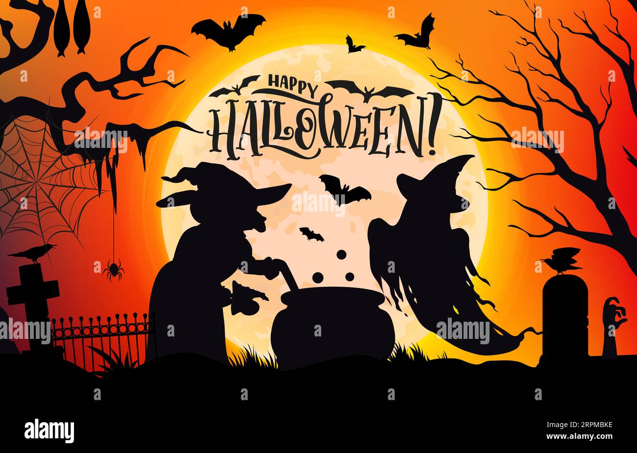 Halloween holiday banner with witch, cauldron and ghost silhouettes on ...