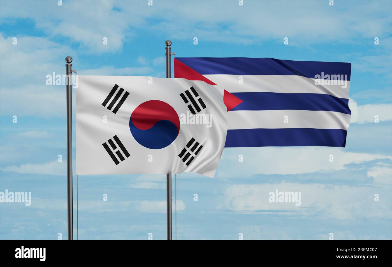 Cuba and South Korea flag waving together in the wind on blue sky, two ...