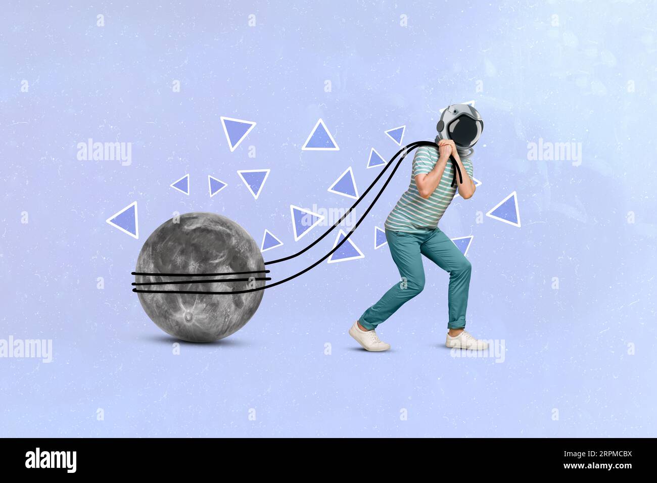 Composite collage image of astronaut helmet person pull tied string ...