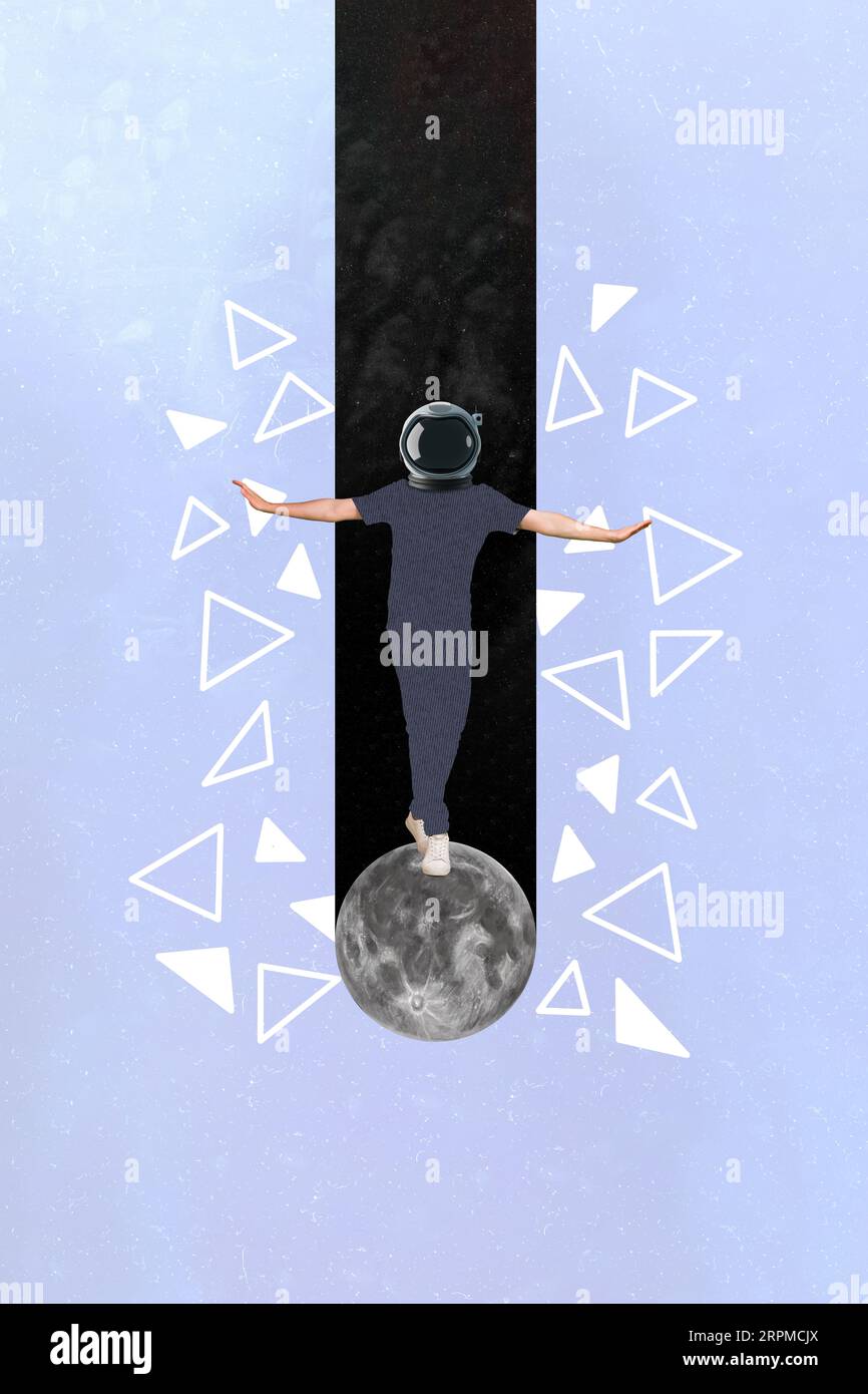 Vertical collage picture of astronaut helmet guy standing balancing ...
