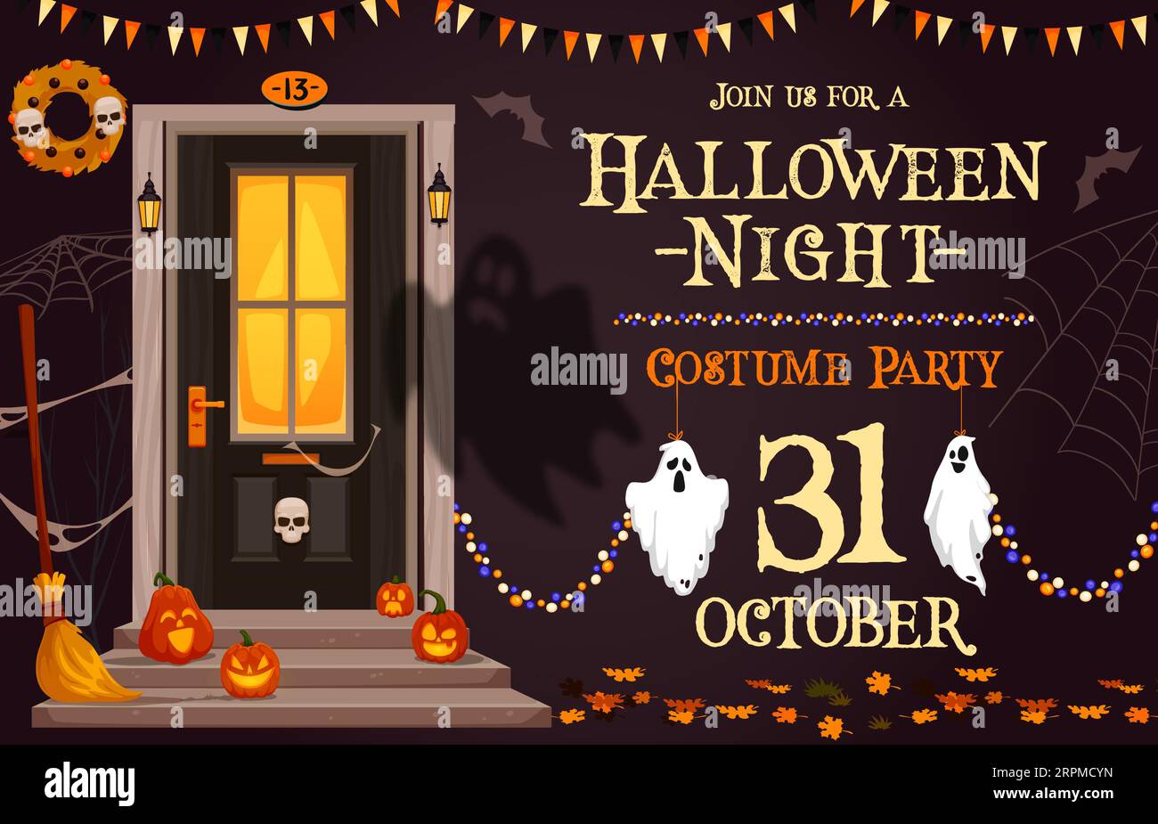 Halloween party flyer, decorated door and porch, garland and ghost ...