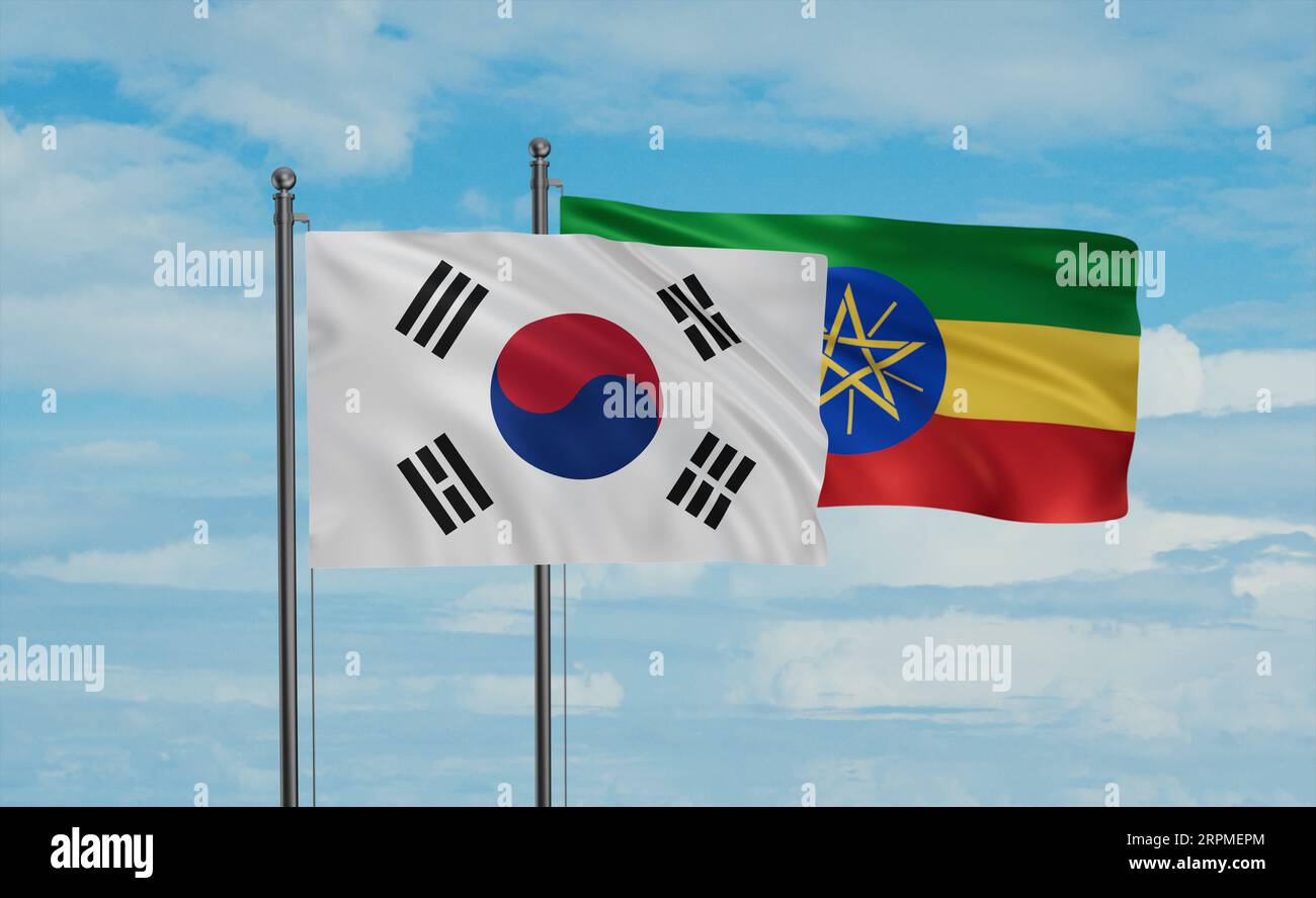 Ethiopia flag and South Korea flag waving together on blue sky, two ...