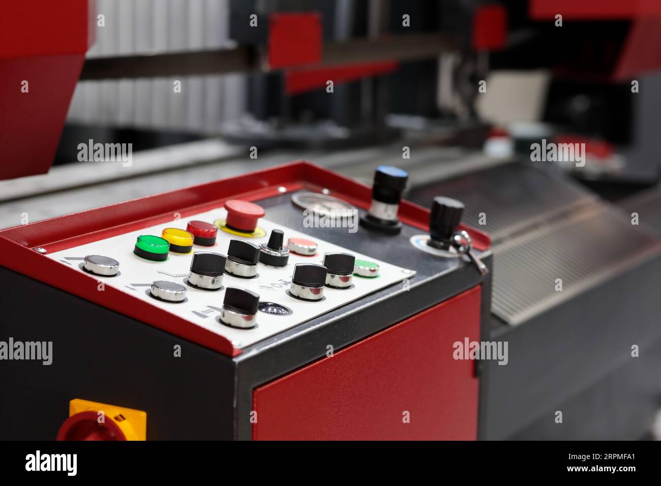 Control console of automated band saw machine. Selective focus Stock ...