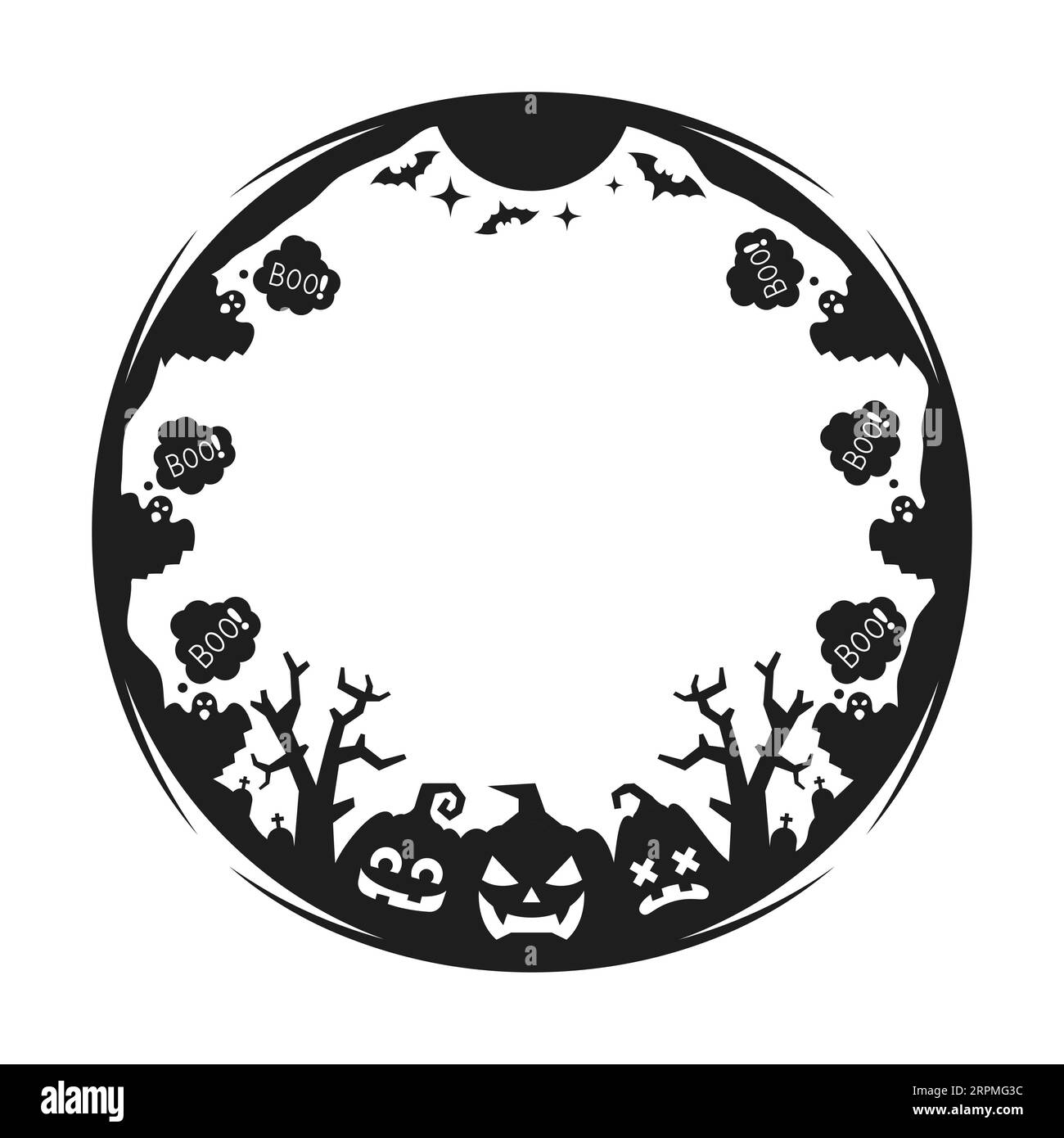 Halloween holiday black frame with ghosts saying boo, creepy pumpkin ...