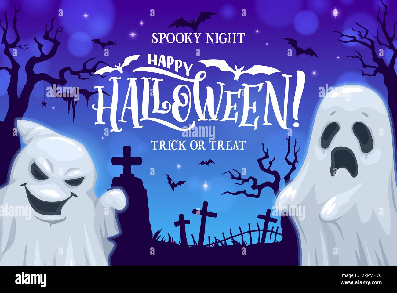 Cartoon halloween ghosts at holiday night cemetery landscape. Vector ...
