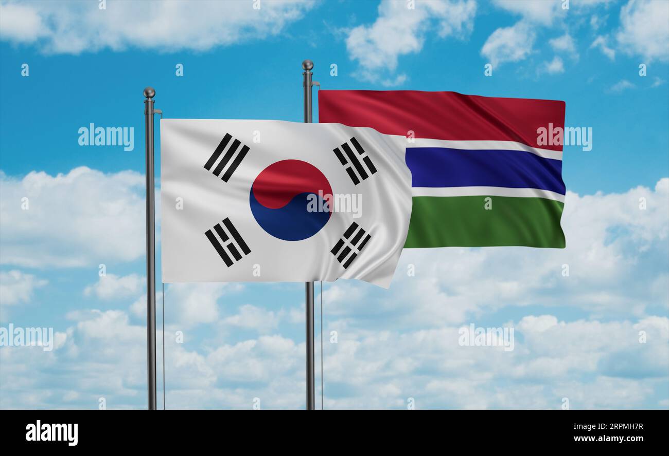 Gambia flag and South Korea flag waving together on blue sky, two ...