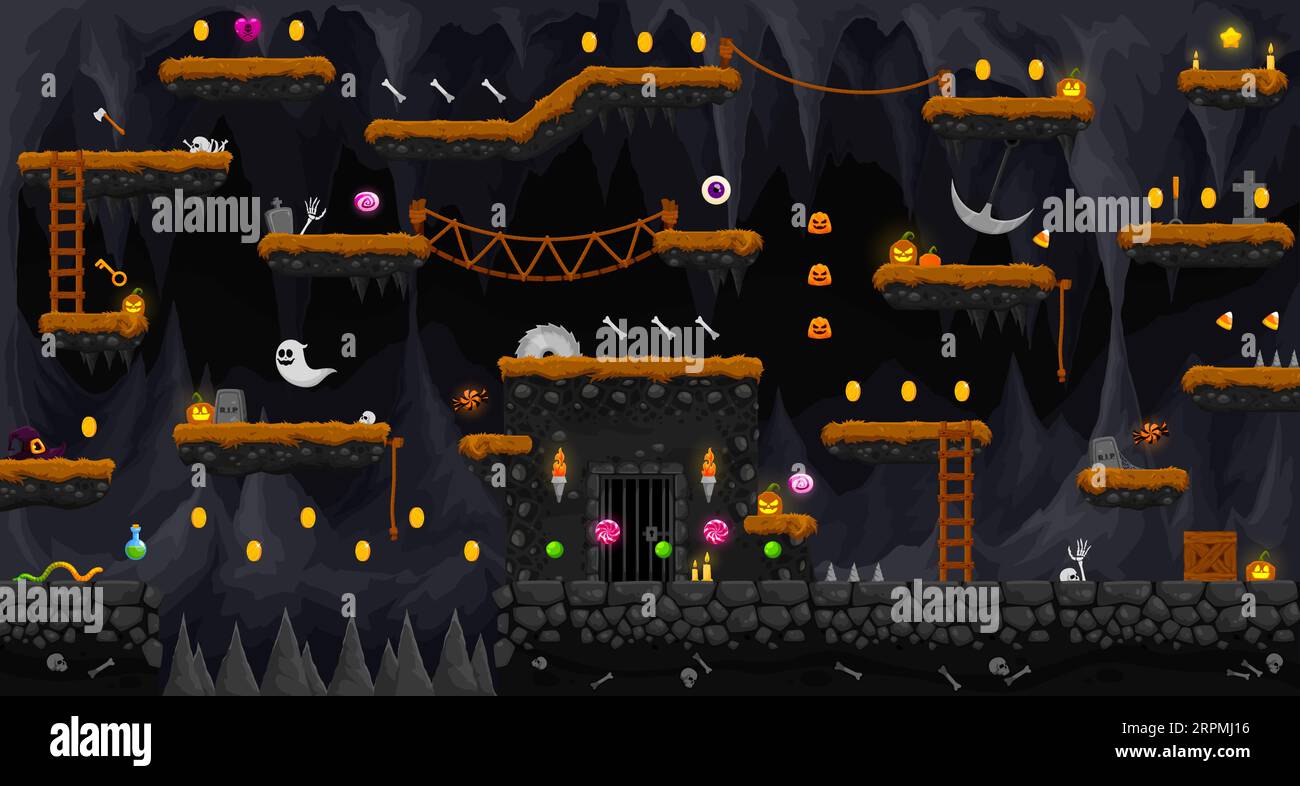Arcade Halloween underground cave landscape game level map interface ...