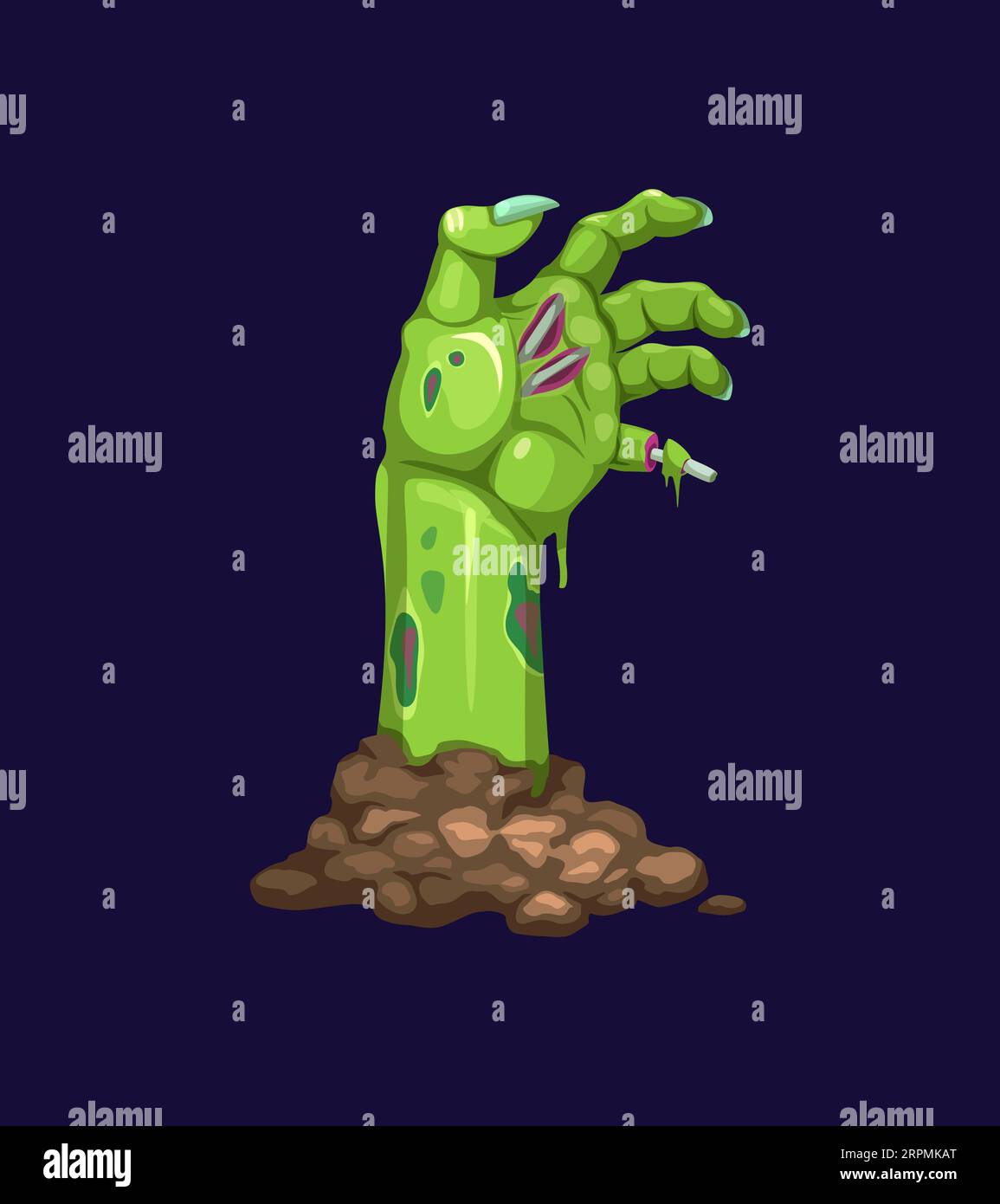 Cartoon zombie hand, decaying, green and lifeless arm, emerges from the ...