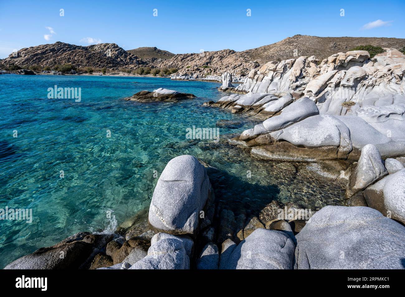 Rock formations on the coast with turquoise sea, Kolimbithres beach ...