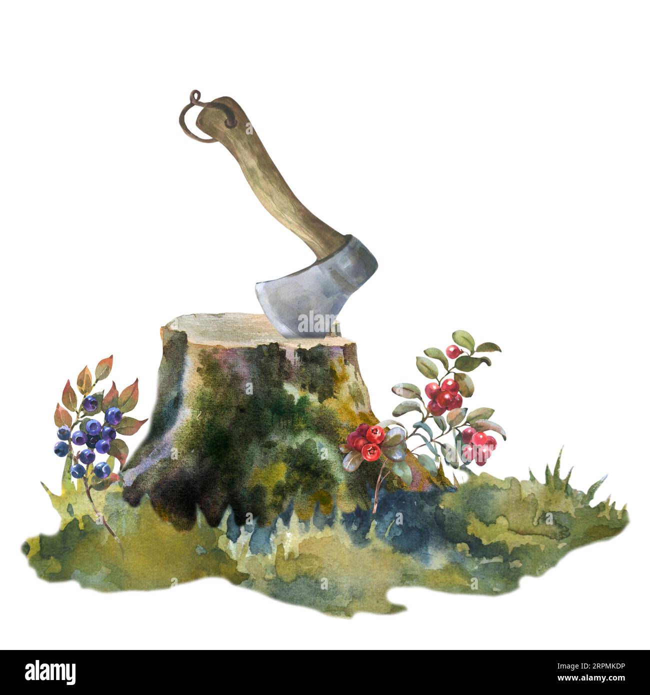 Watercolor illustration, ax in the stump. Watercolor hand drawn ...