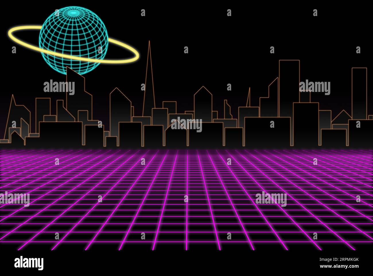 3D grid from the 80s with Saturn above a futuristic city Stock Photo ...