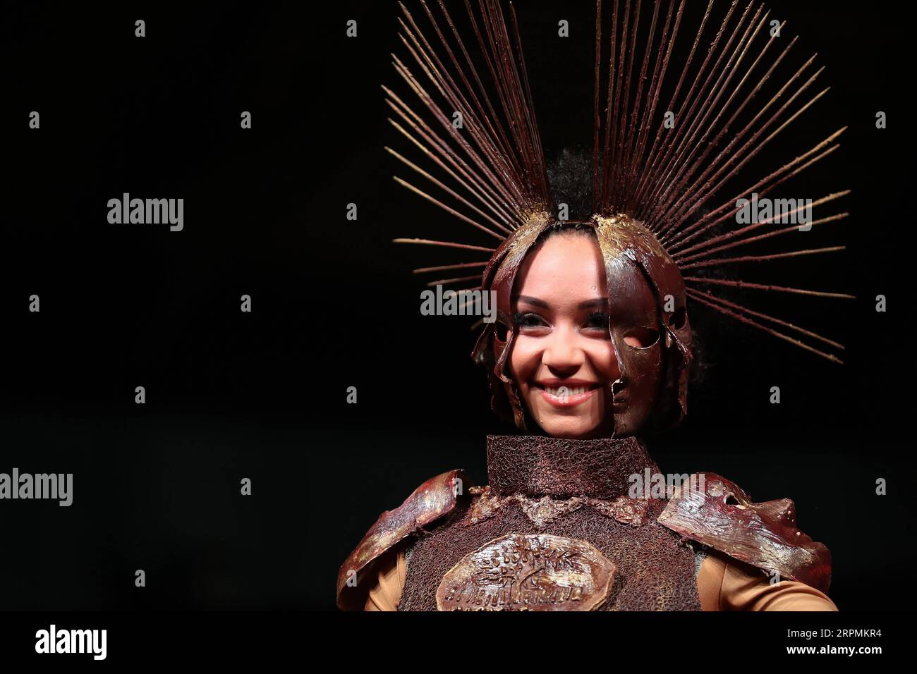 200214 -- BRUSSELS, Feb. 14, 2020 -- A model displays a chocolate dress ...