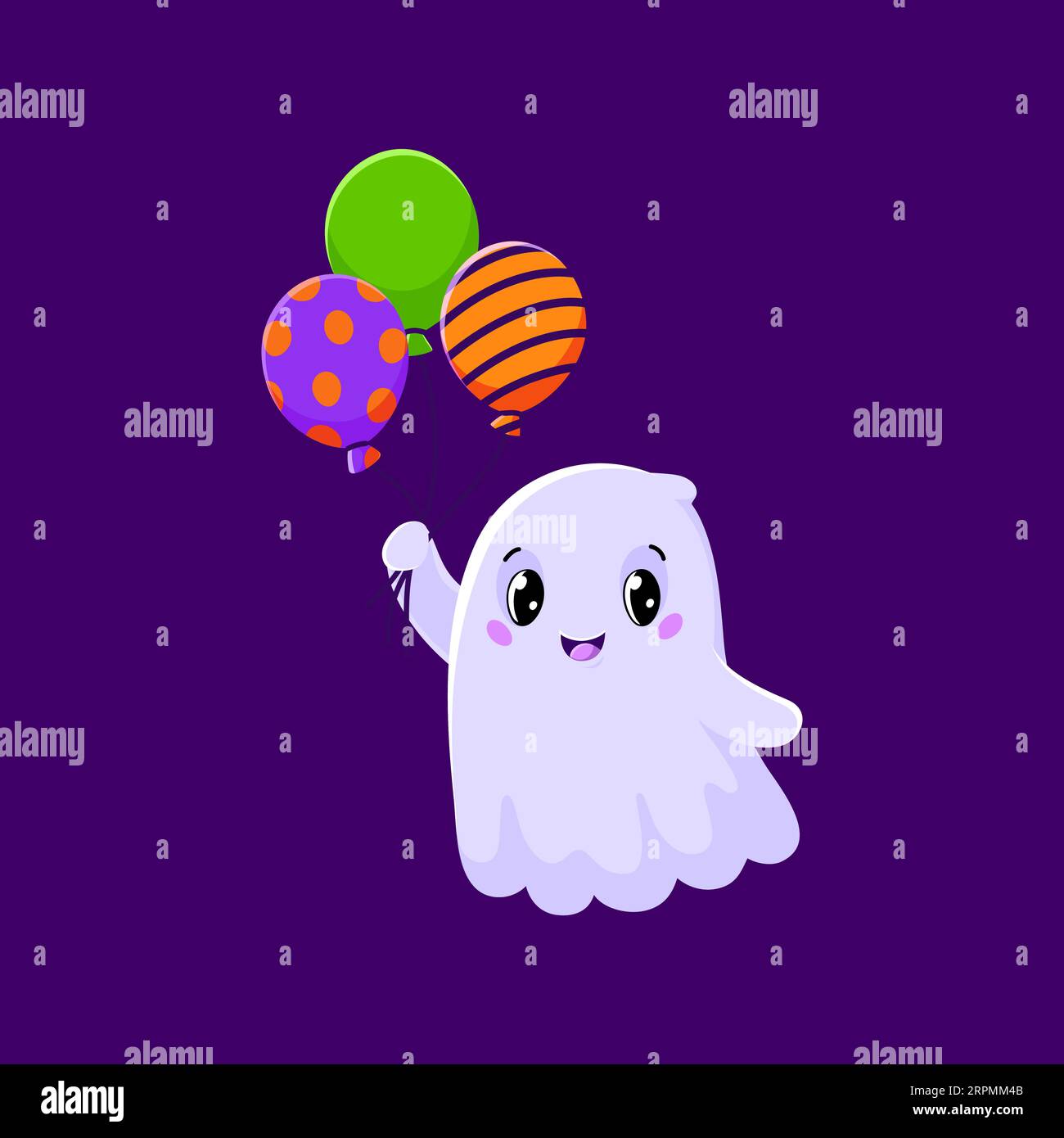 Halloween ghost, cute kawaii boo with balloons, vector cartoon funny ...