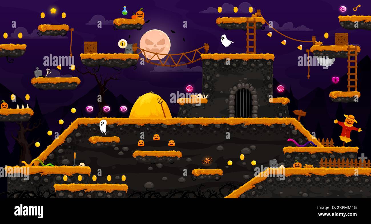 Arcade Halloween horror night landscape, game level map interface ...