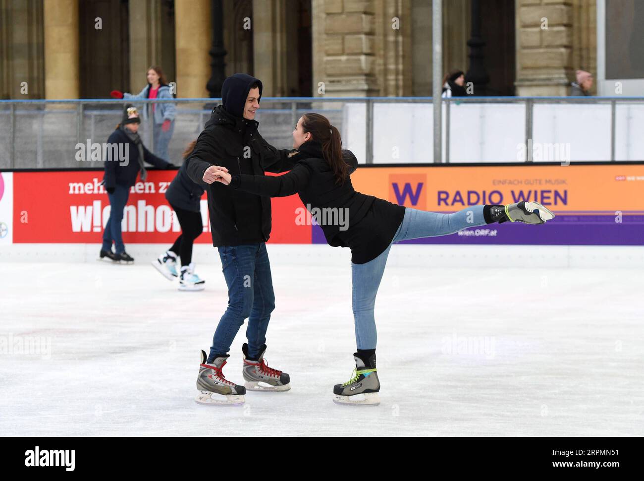 200214 -- VIENNA, Feb. 14, 2020 -- A couple skates at the Ice World ...