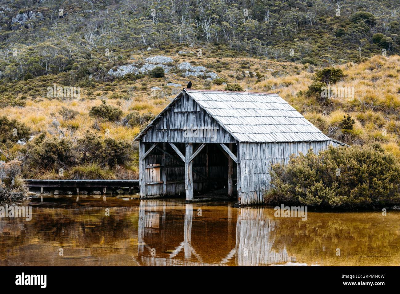 Dove Lake boatshed detail on a cool stormy spring afternoon near sunset ...
