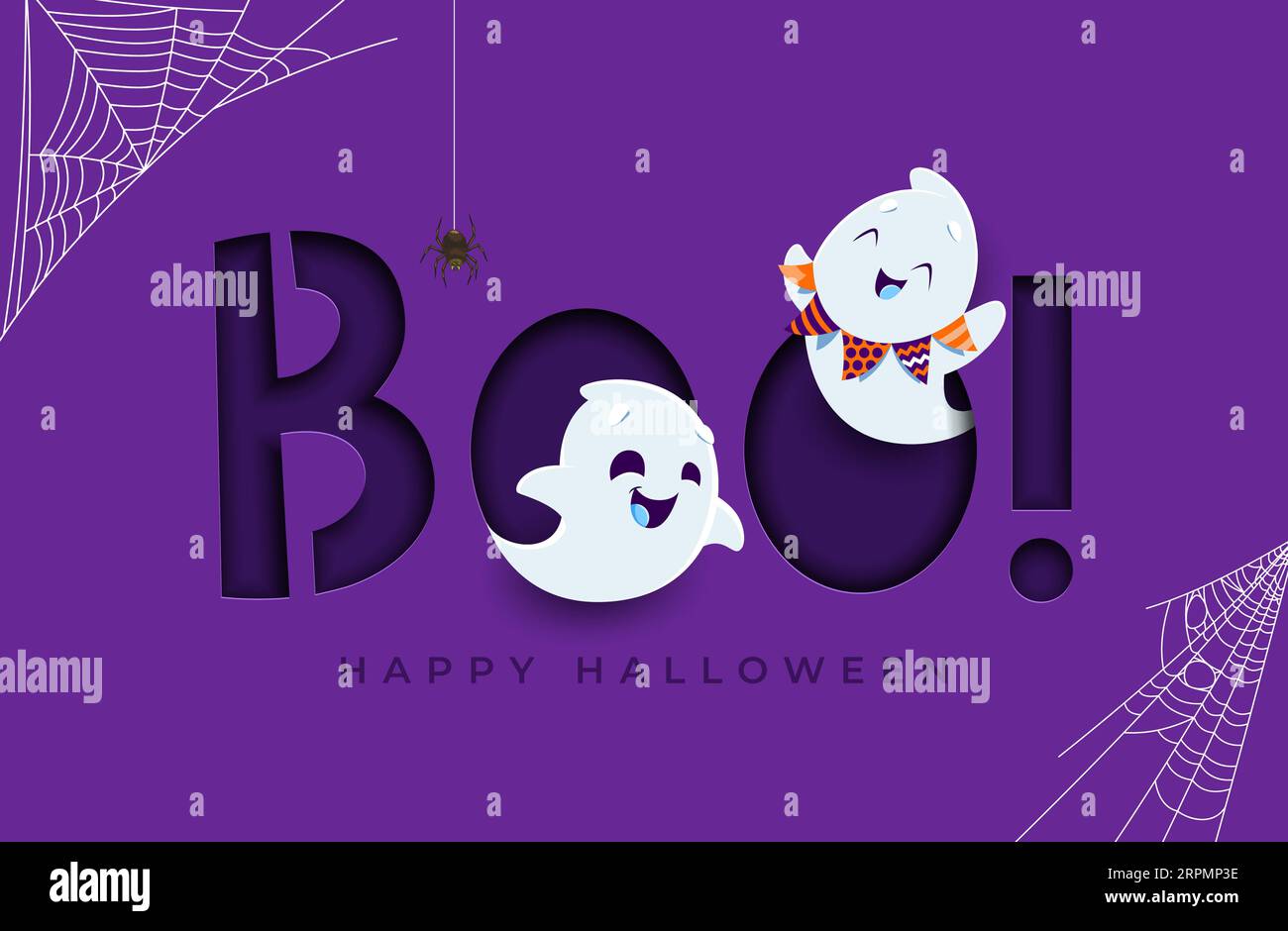 Halloween boo banner with cute kawaii ghosts characters. Vector spooky ...