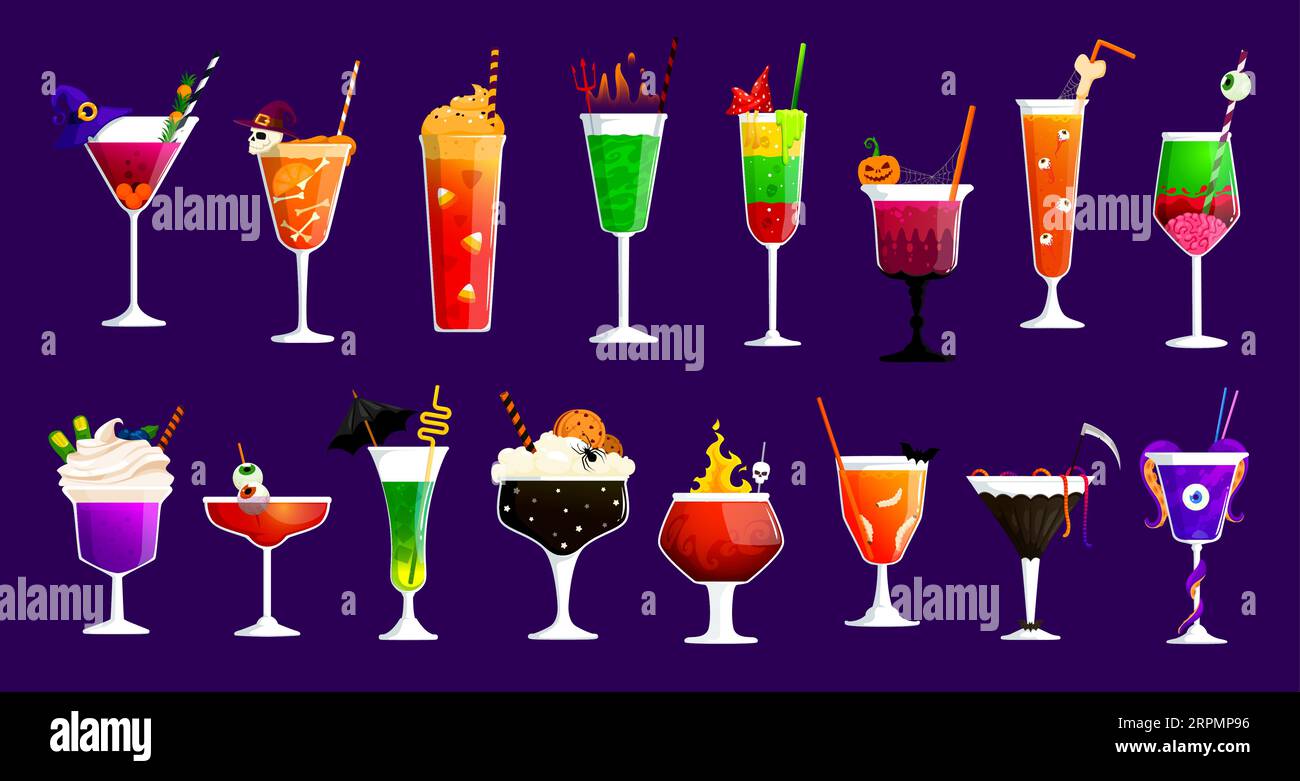 Halloween cocktail drinks for holiday party bar menu with witch potion ...