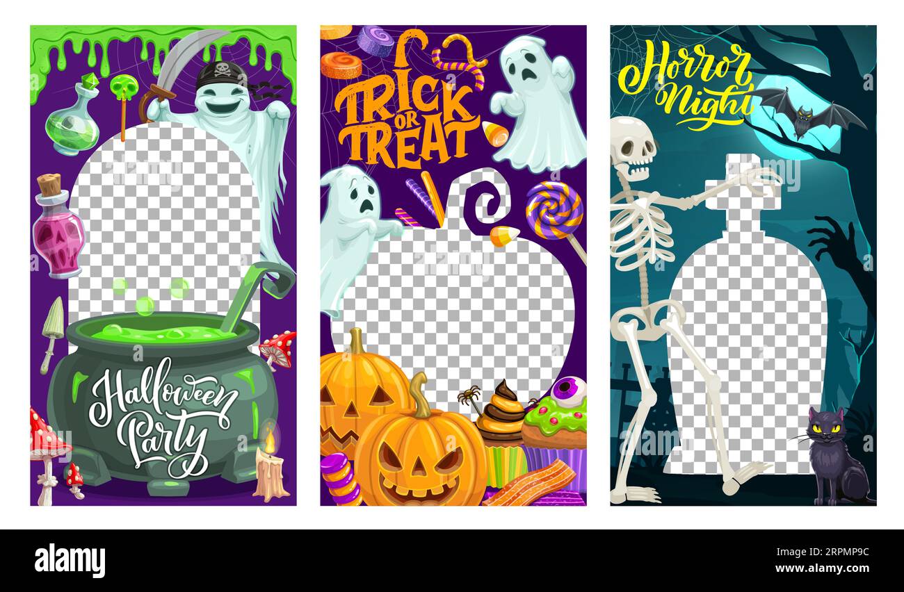Halloween holiday social media templates with cartoon characters, slime ...