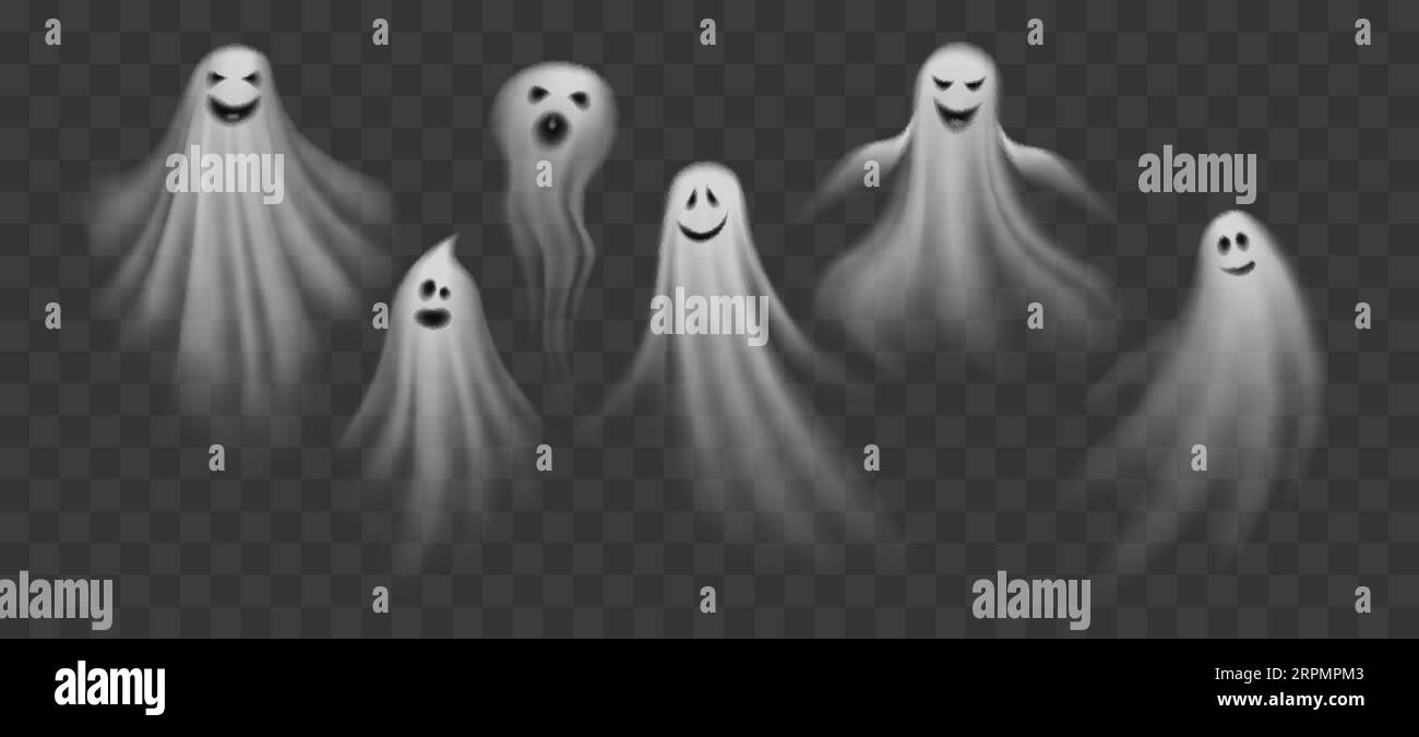 Realistic Halloween ghosts and cartoon boo poltergeist or holiday ...