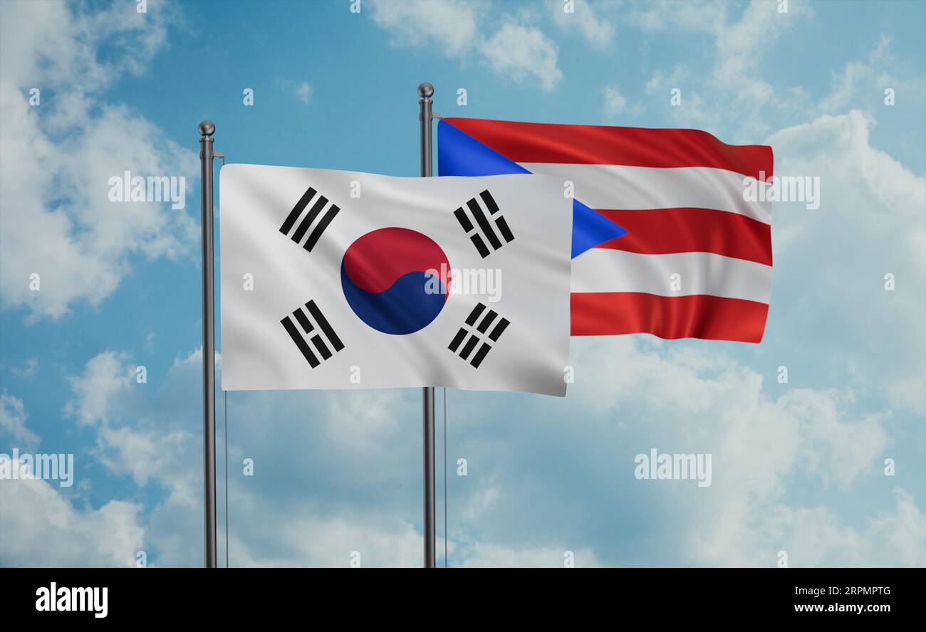 Puerto Rico and South Korea flag waving together in the wind on blue ...