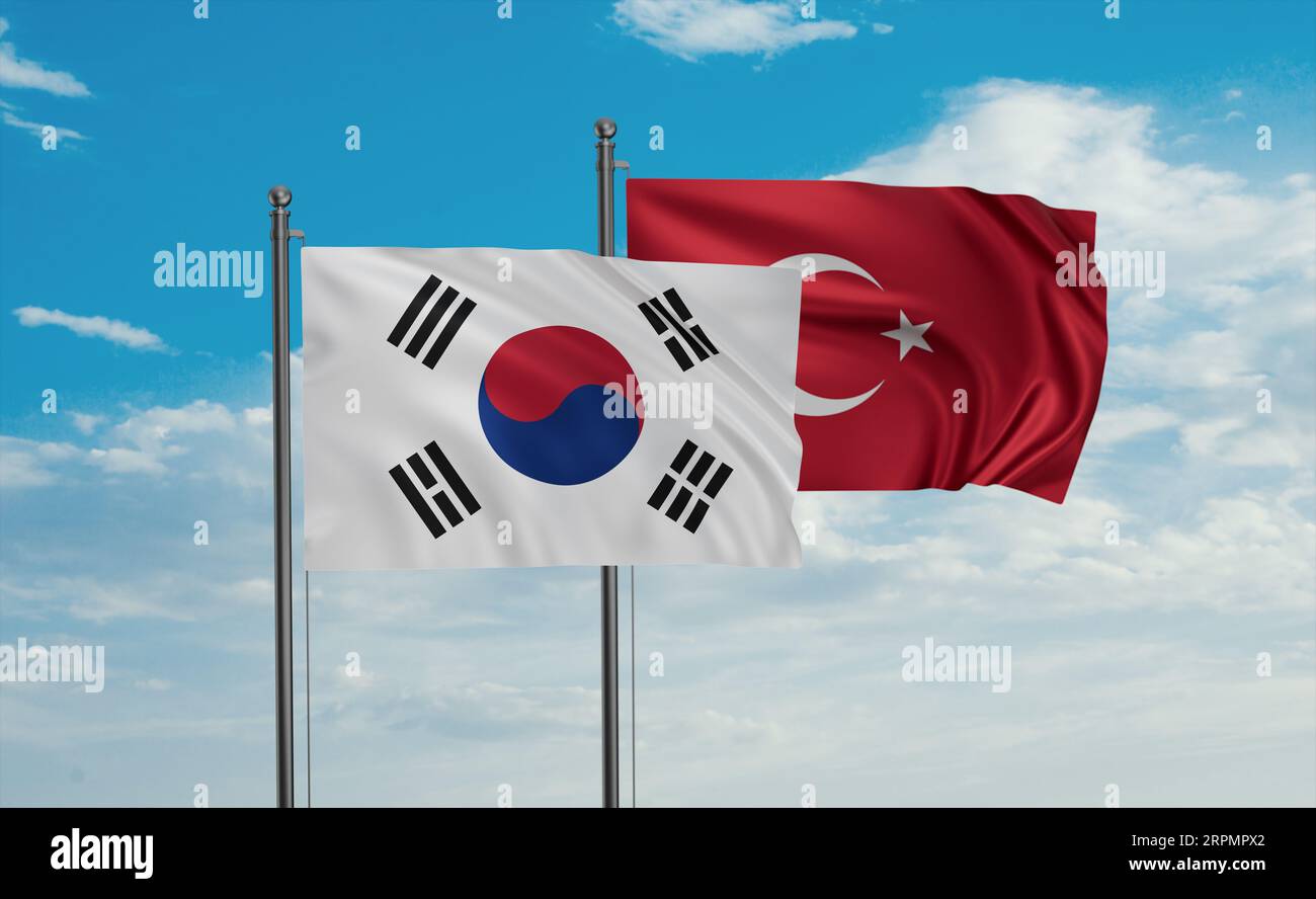 Republic of Turkey and South Korea flag waving together in the wind on ...