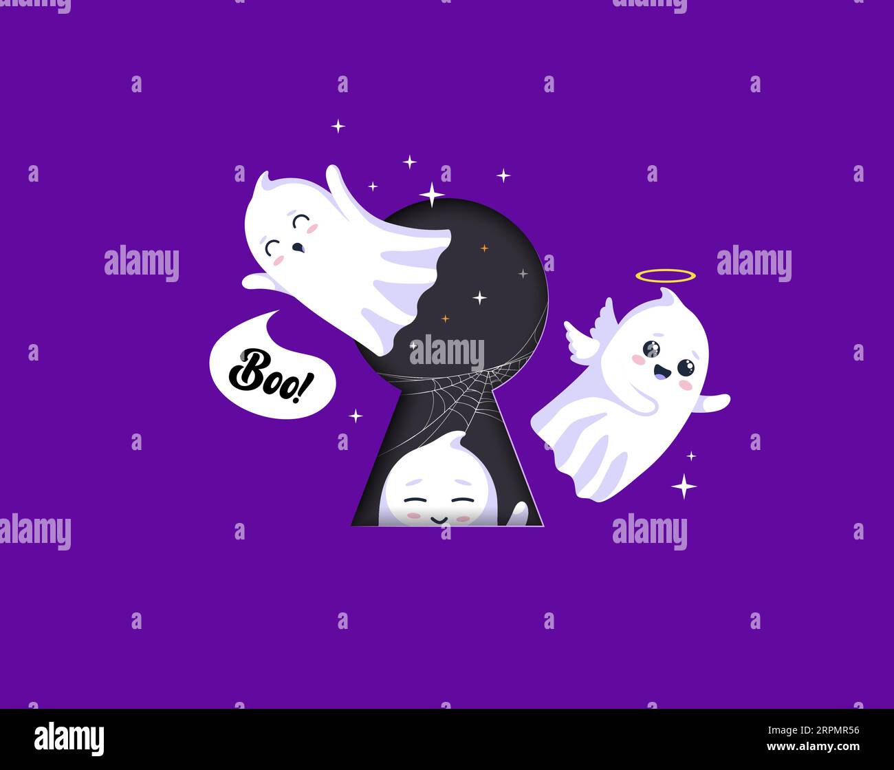 Cartoon Halloween kawaii ghosts flying out from keyhole. Cute vector ...