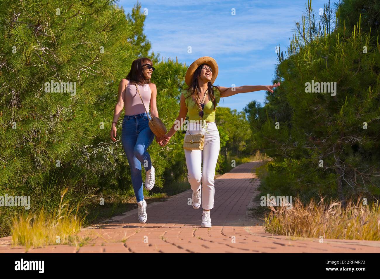 Female friends having fun on vacation in a park in summer walking on a ...