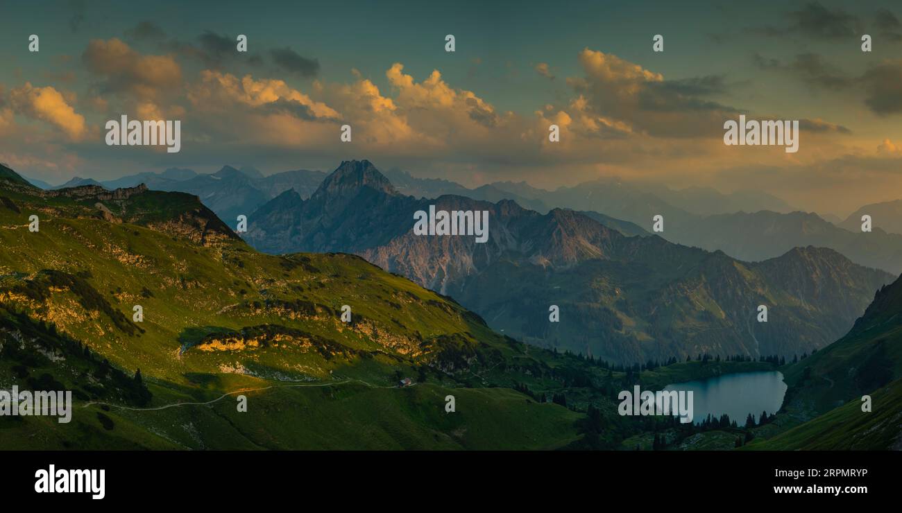 Panorama from the Zeigersattel to the Seealpsee, in the back left the ...