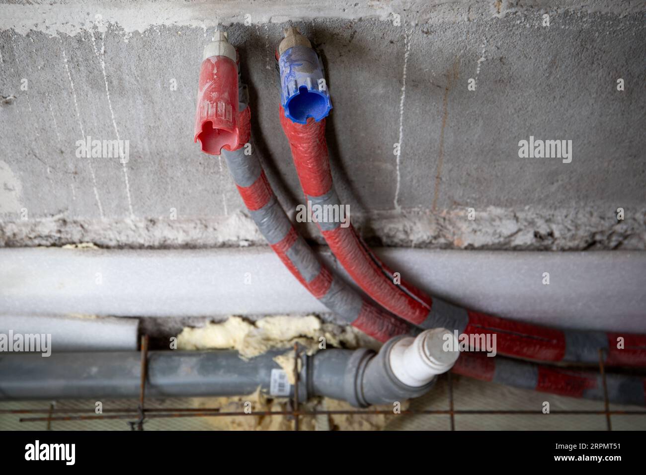 Sewer pipe, hot and cold water pipes. Plumbing and construction Stock ...