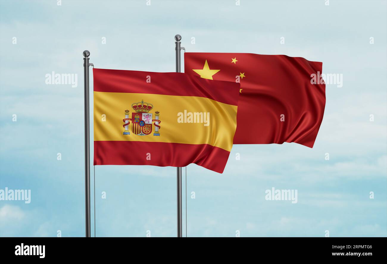 China flag and Spain flag waving together on blue sky, two country ...