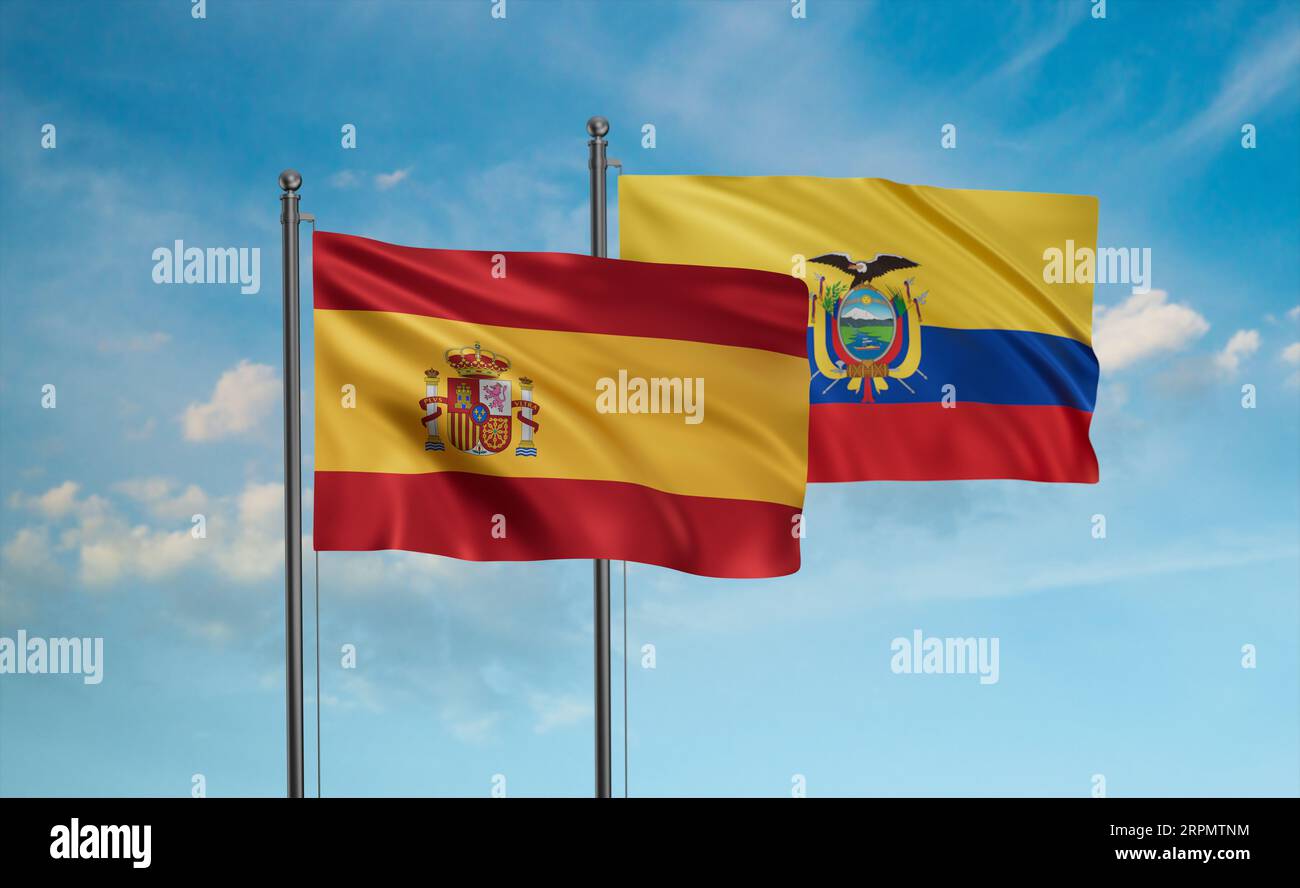 Ecuador flag and Spain flag waving together on blue sky, two country ...