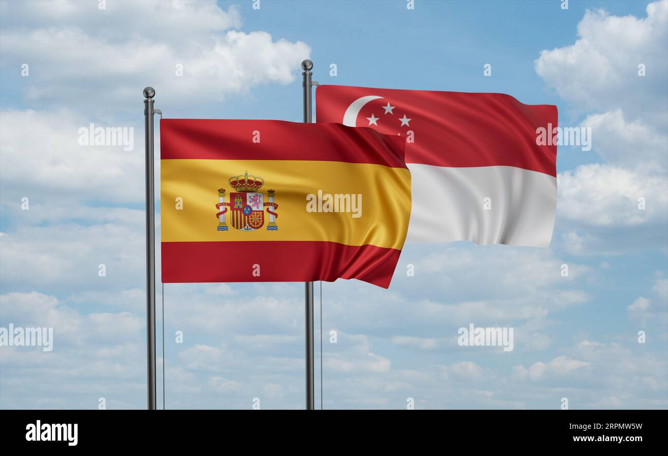 Republic of Singapore and Spain flag waving together in the wind on ...