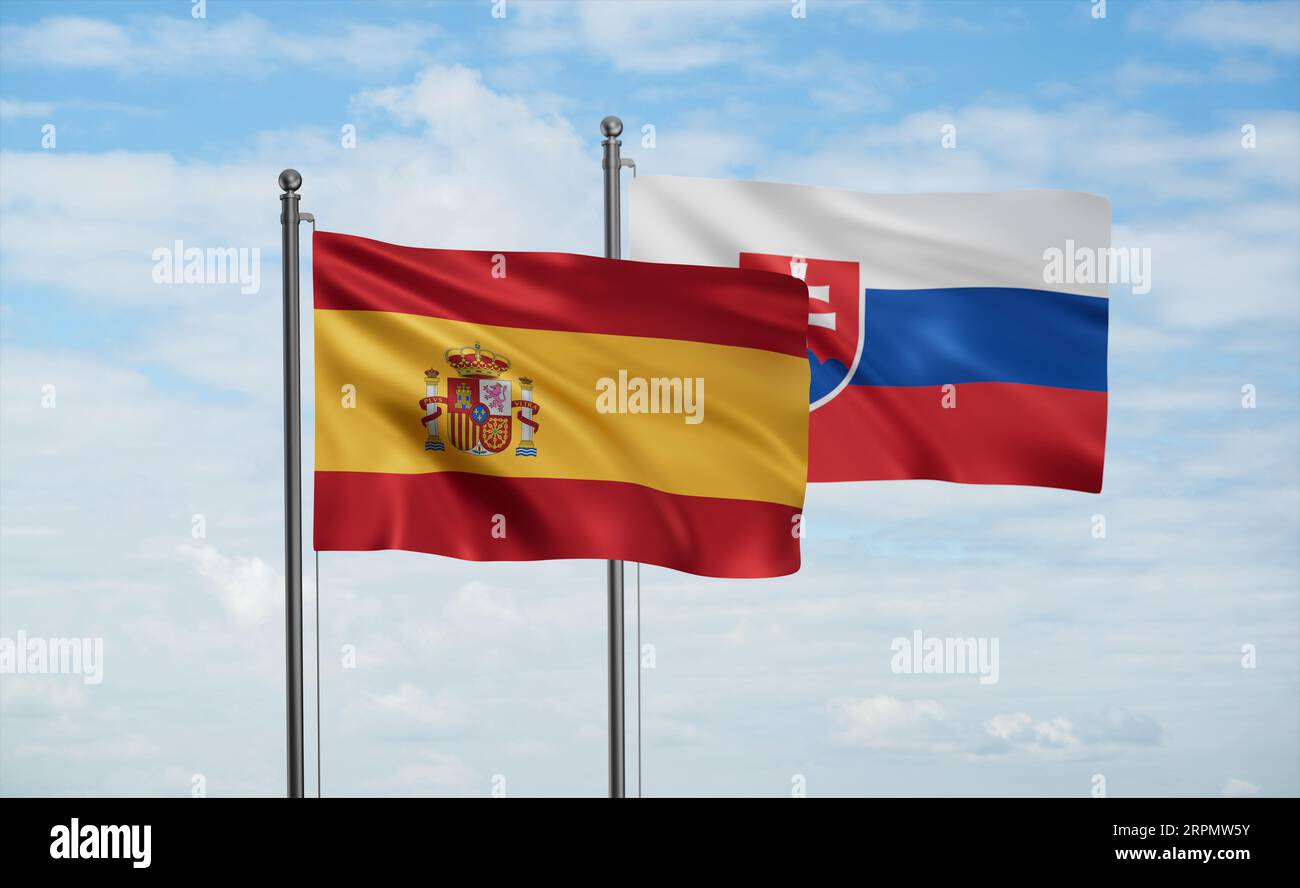 Slovak Republic or Slovakia and Spain flag waving together in the wind ...