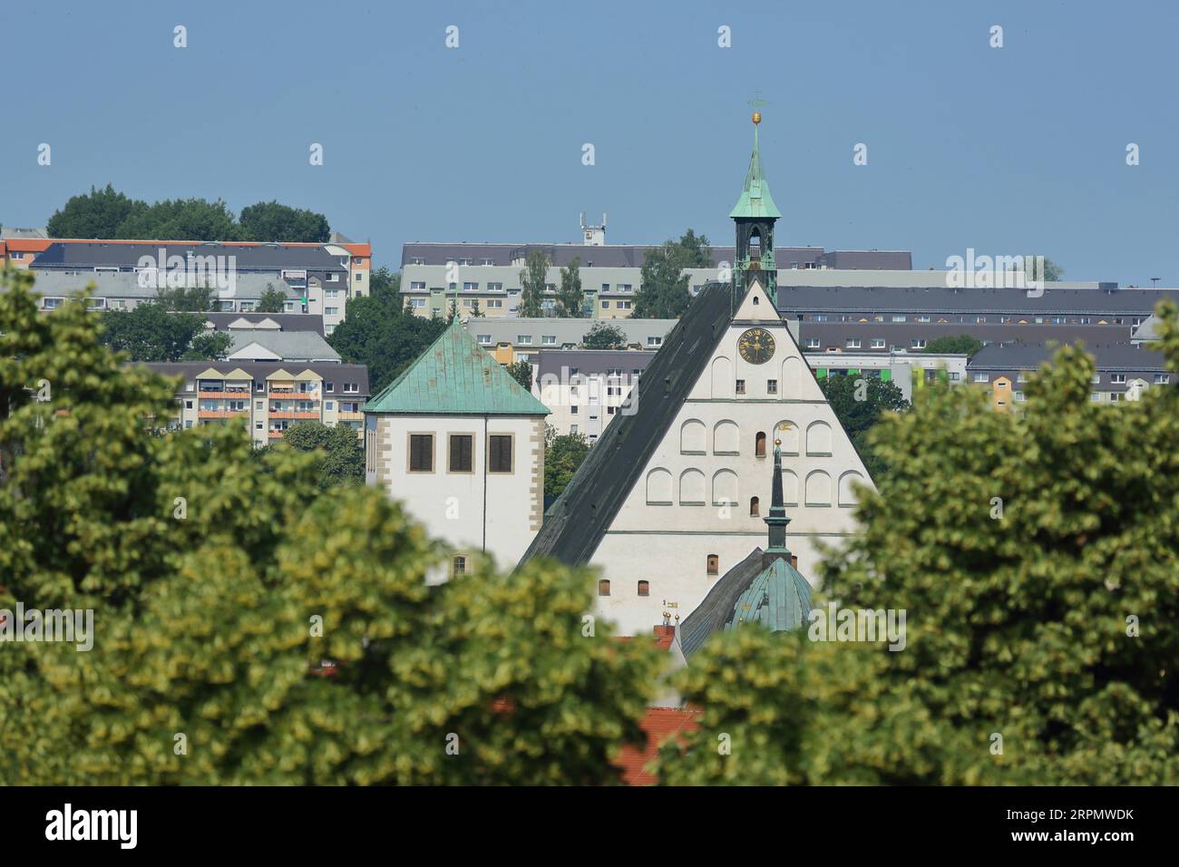 View of tower of Nikolai Church and gable with spire of St. Mary's ...
