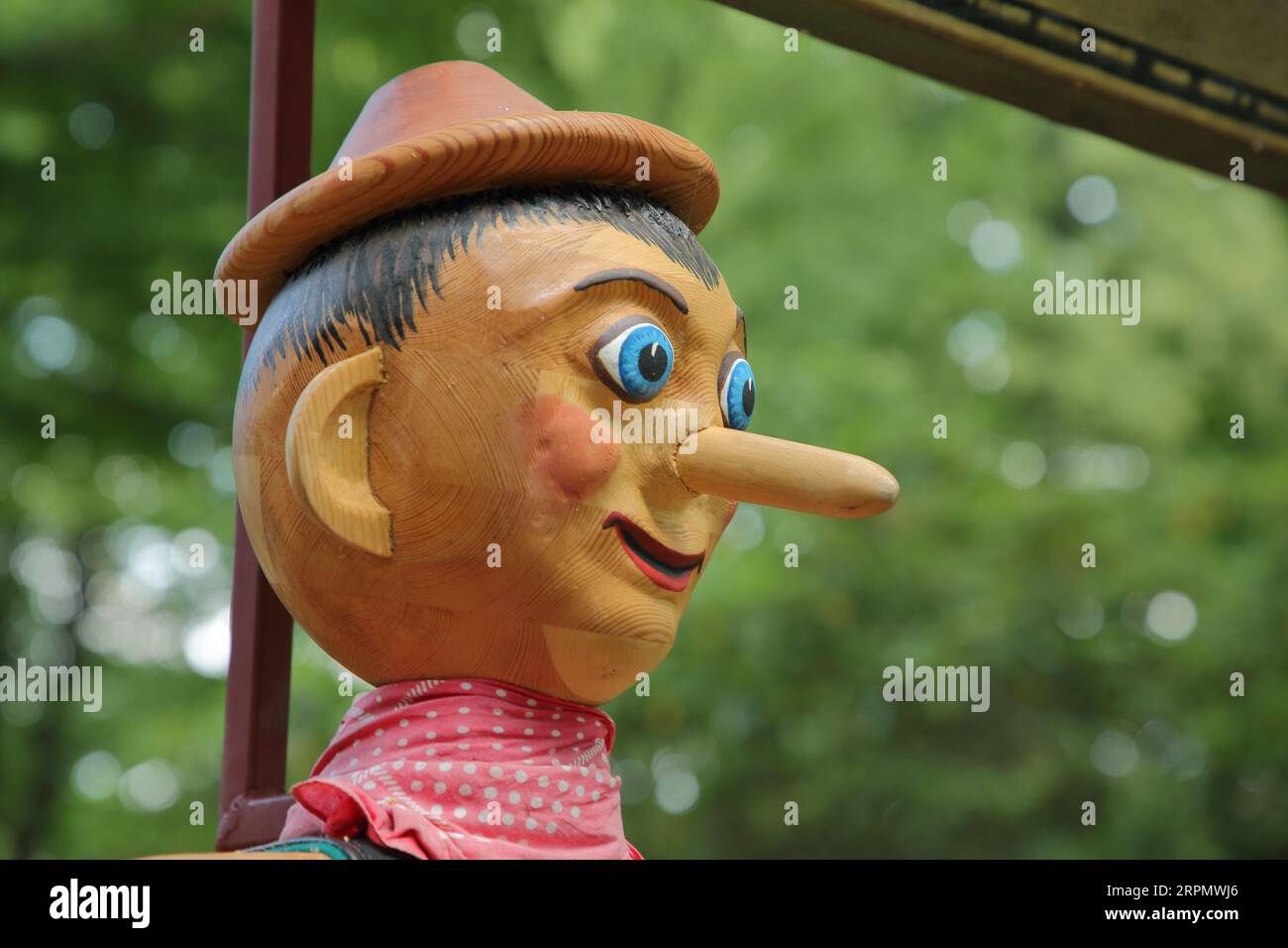 Sculpture Pinocchio as a wooden figure, detail, wooden head, head, face ...