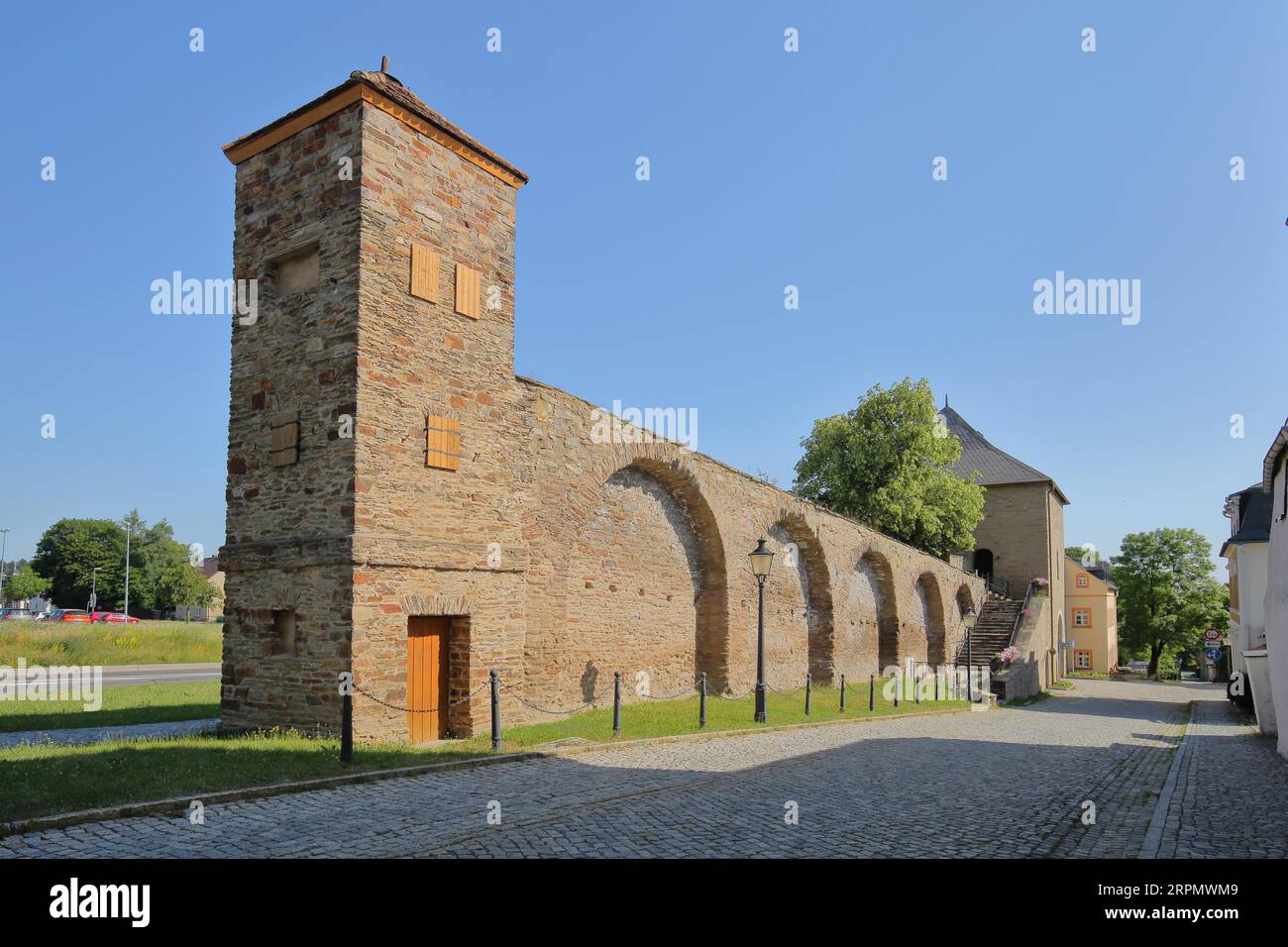 Historic town fortification with fortified defence tower and Zschopau ...