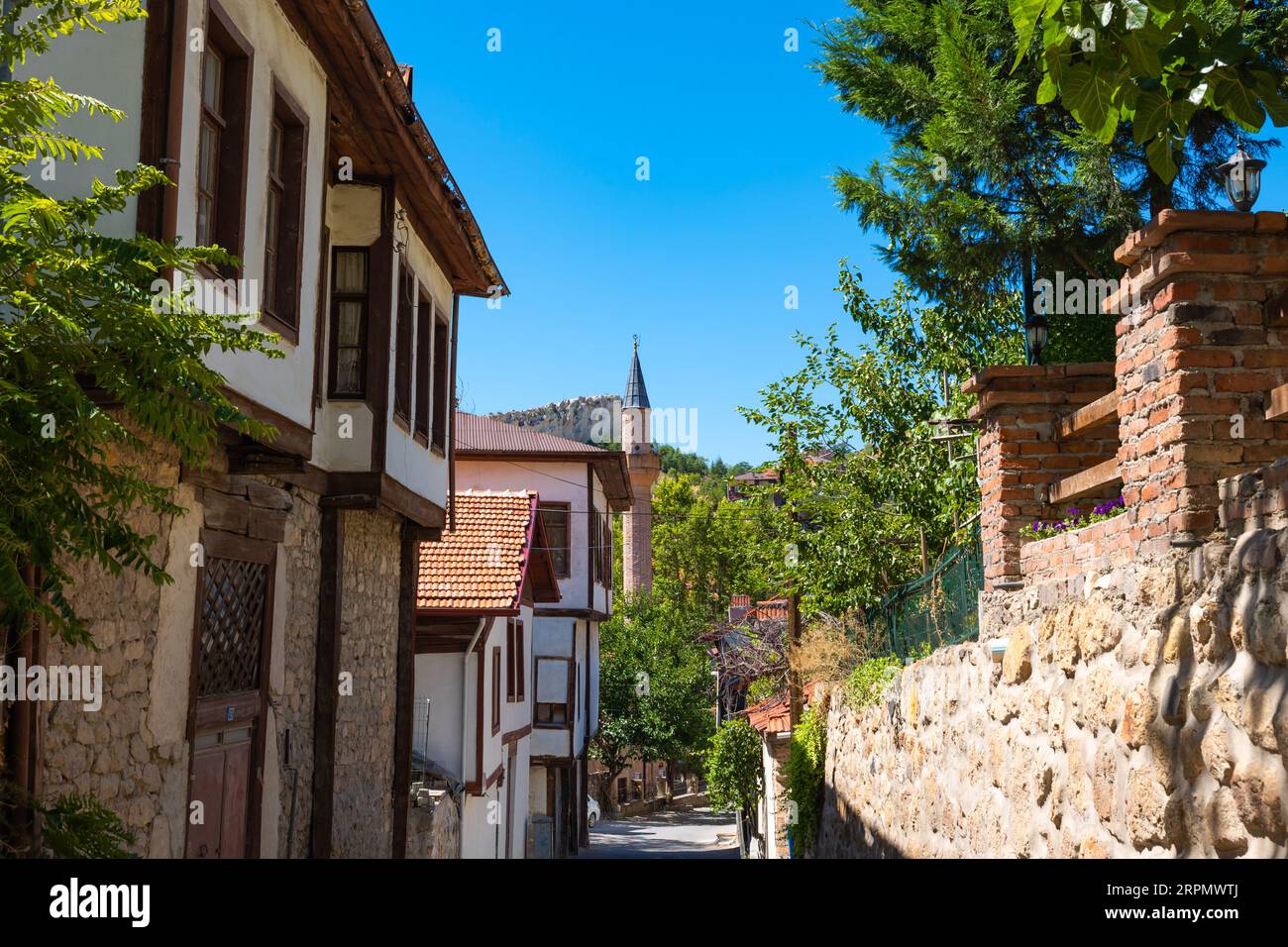 Beypazari streets with trees and traditional buildings. Travel to ...