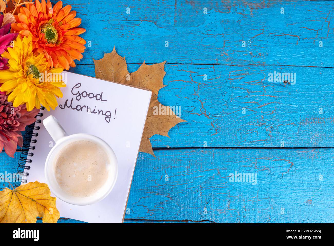 Coffee mug with bouquet of autumn fall leaves and flowers, notes good ...