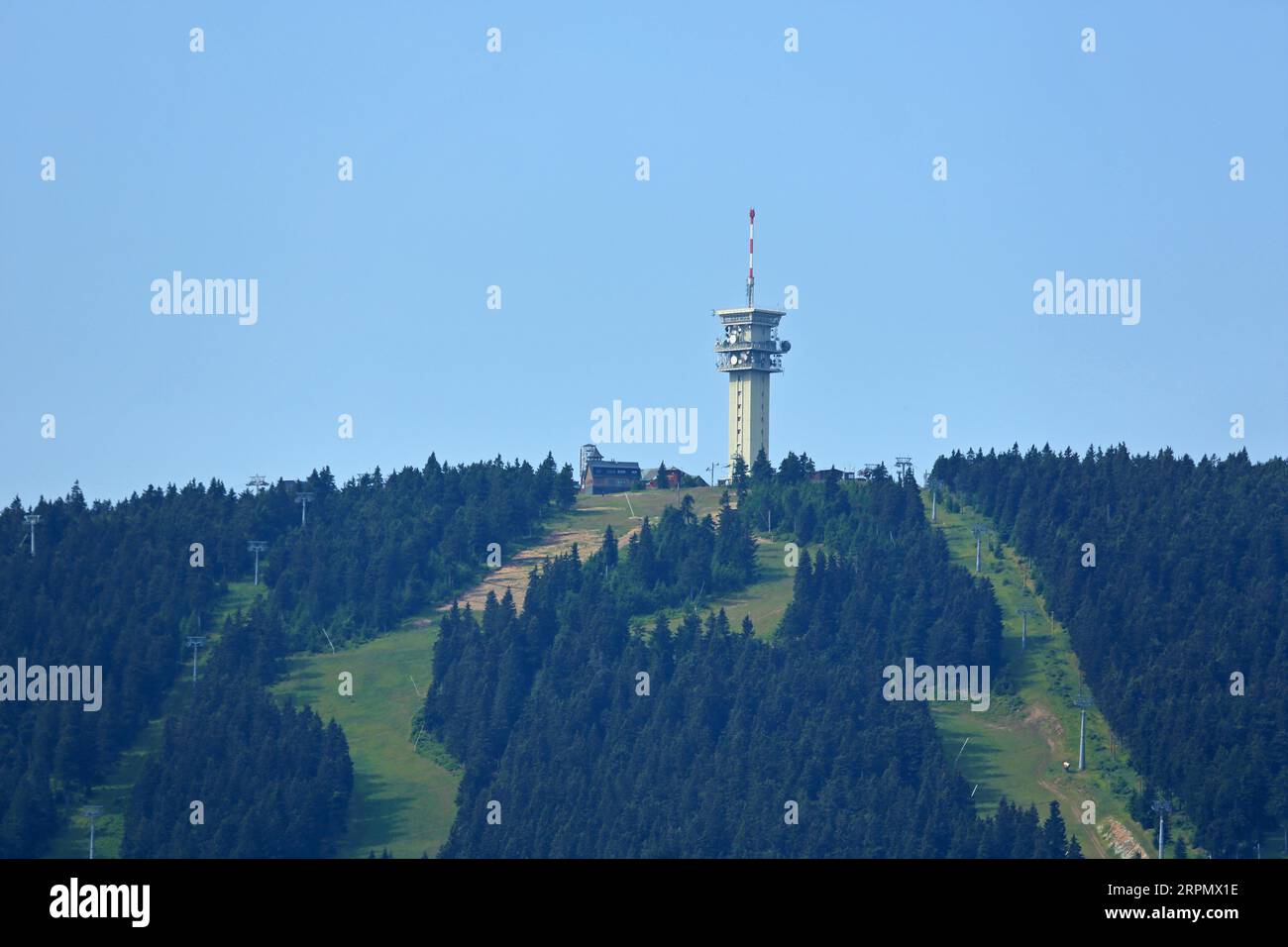 Klinovec, Keilberg with broadcasting tower 1243m, lookout tower, forest ...