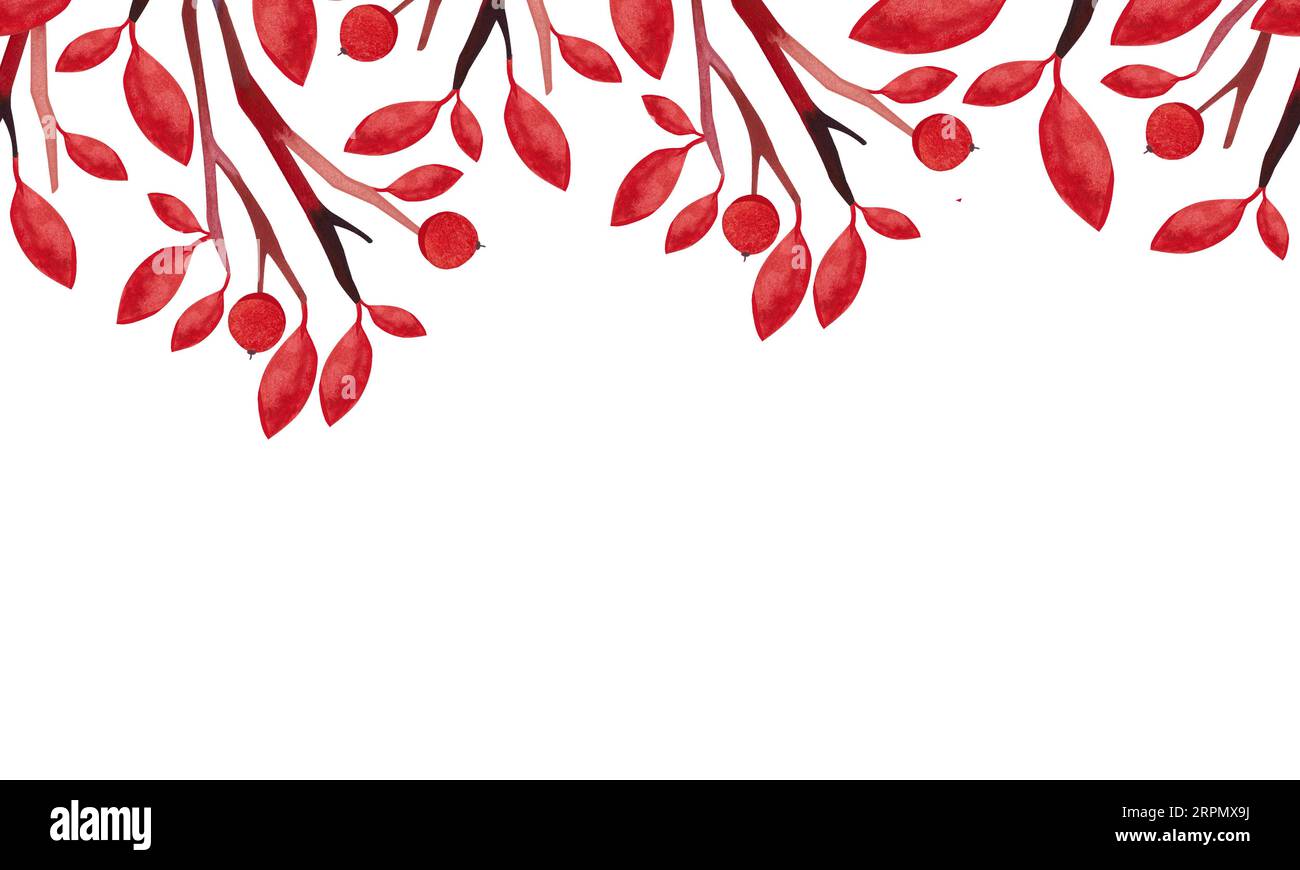 Autumn frame with red leaves, branches and berries. Watercolor drawing ...